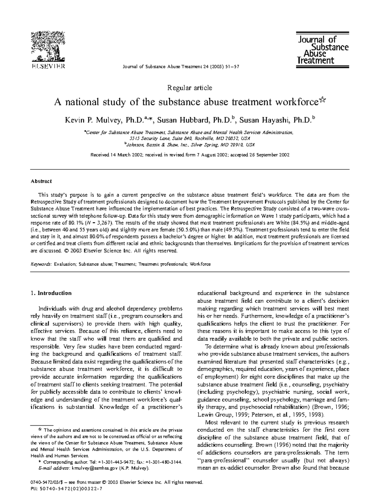 A national study of the substance abuse - Mulvey, Ph. a, *, Susan ...