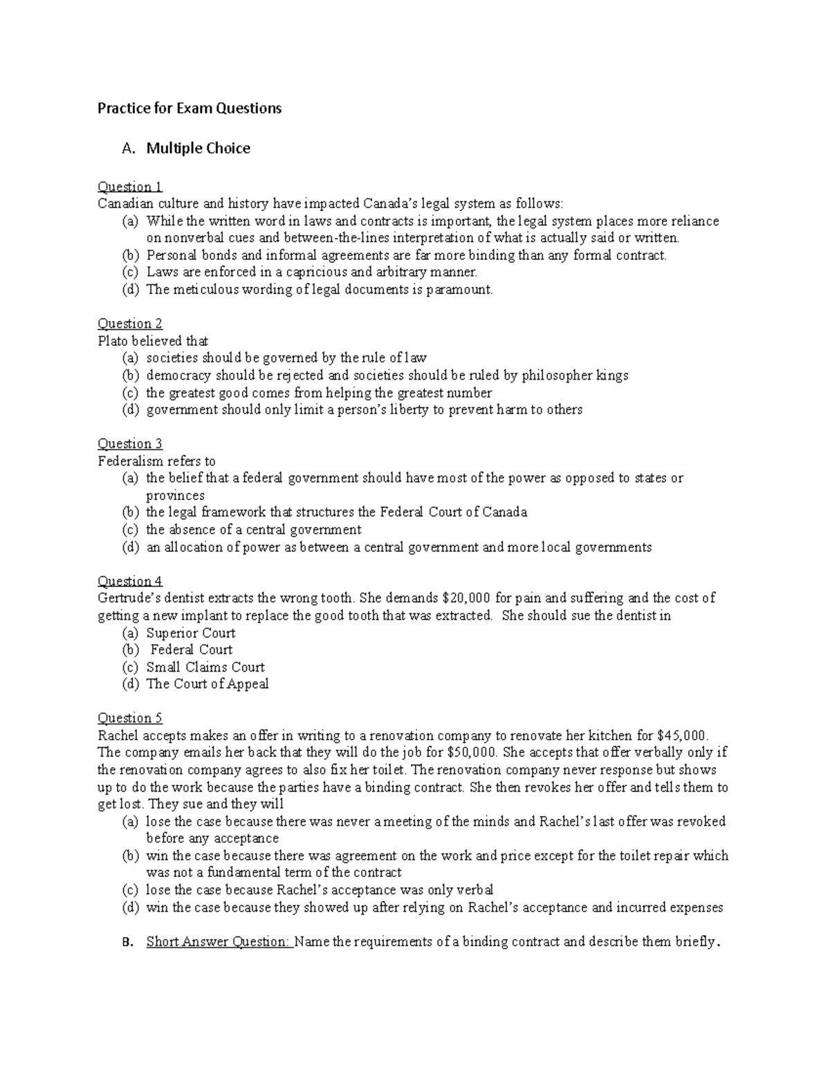 Practice for Exam Questions - Multiple Choice Question 1 Canadian ...