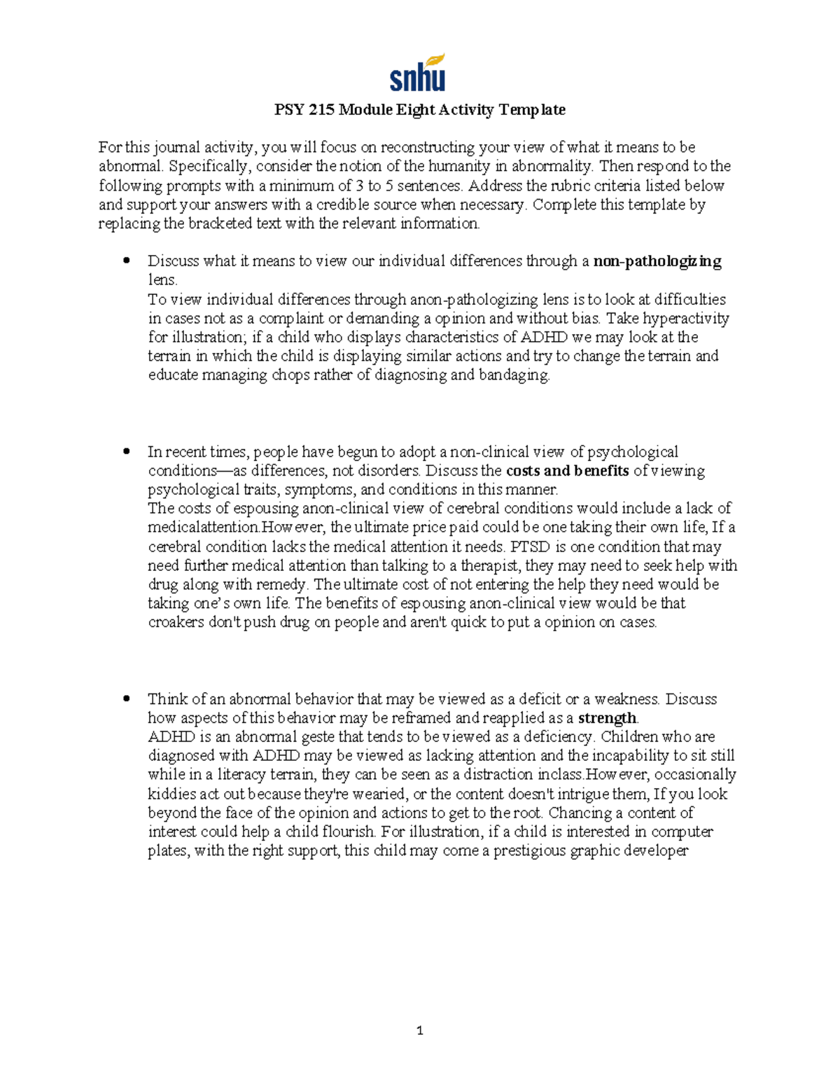PSY 215 Module Eight Activity Template 1 - PSY 215 Module Eight Activity Template For this ...