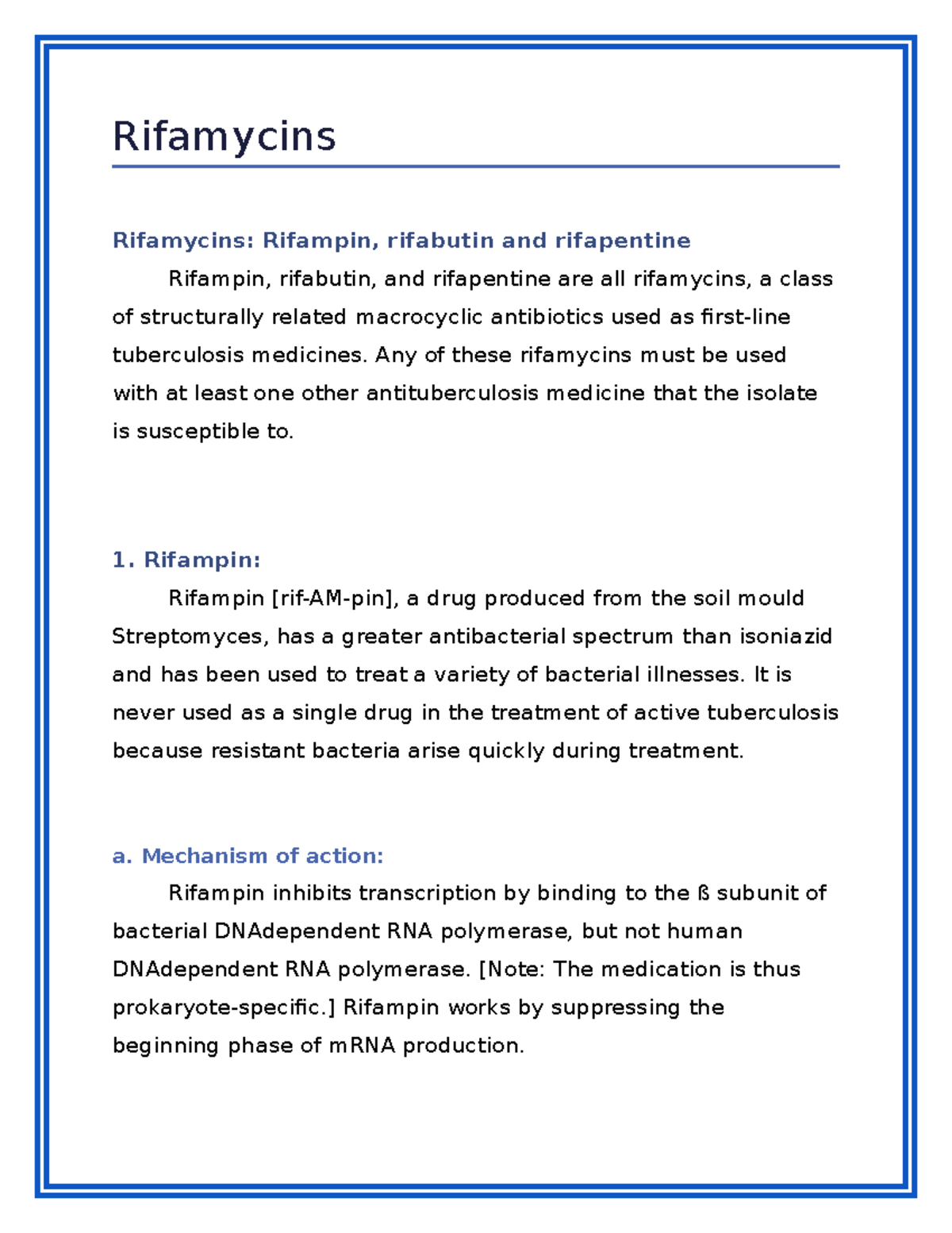 Overview OF Rifamycins - Rifamycins Rifamycins: Rifampin, rifabutin and ...