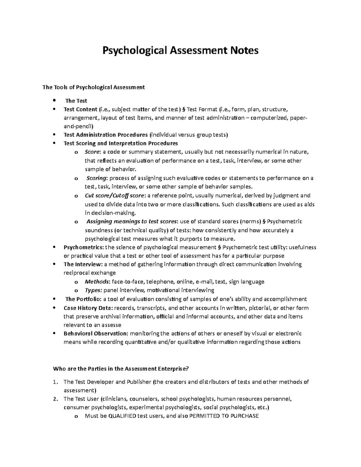 Psychological Assessment Notes - , subject matter of the test) § Test ...