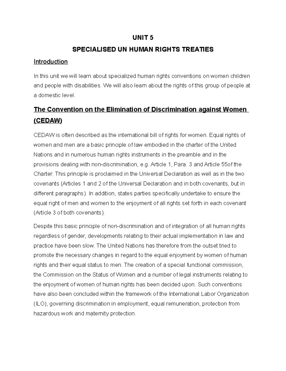UNIT 5 Notes - UNIT 5 SPECIALISED UN HUMAN RIGHTS TREATIES Introduction ...