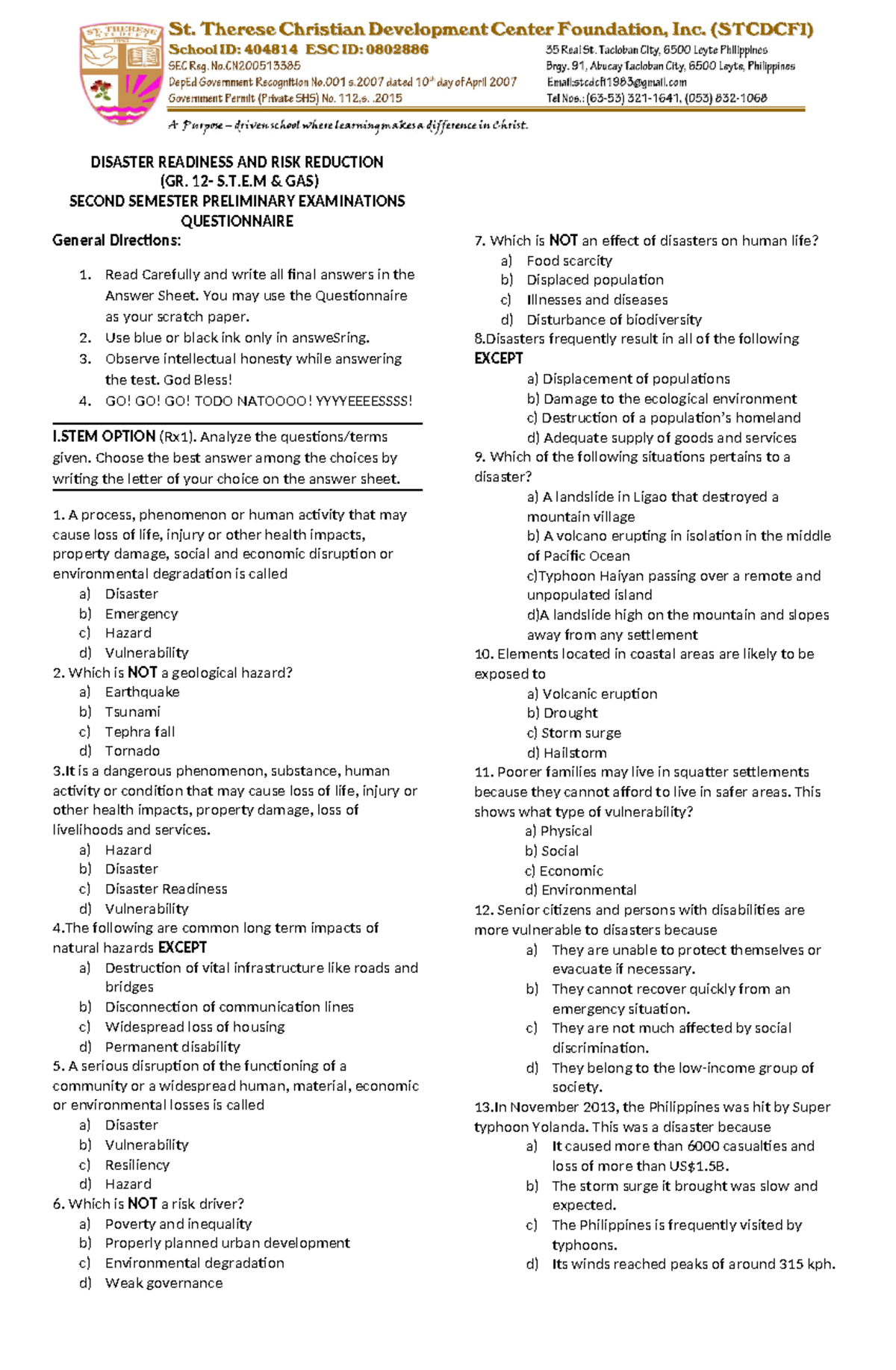 476802634 TEST Questionnaire DRRR - DISASTER READINESS AND RISK ...