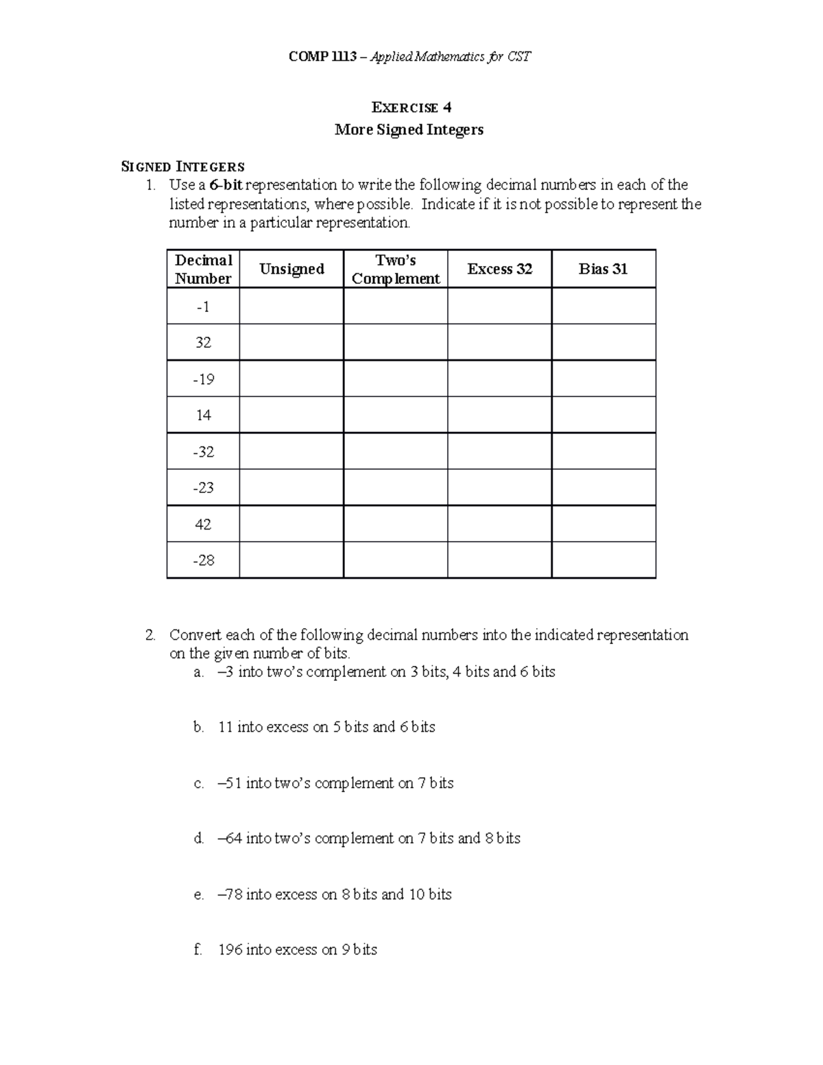 Exercise 04 - More Signed Integers - COMP 1113 – Applied Mathematics for CST EXERCISE 4 More ...