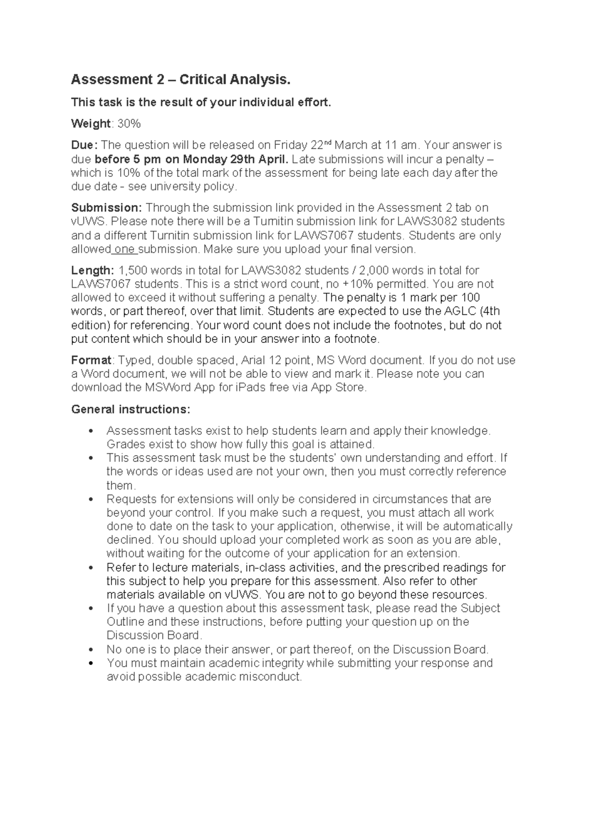 Instructions for assessments - Assessment 2 – Critical Analysis. This ...