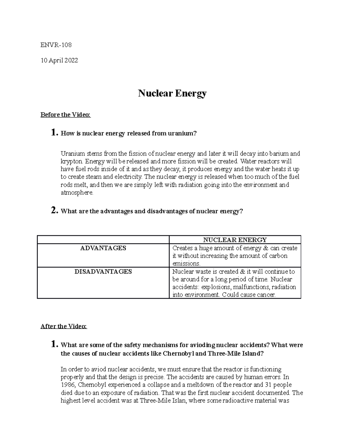 Nuclear Energy - ENVR- 10 April 2022 Nuclear Energy Before the Video: 1 ...