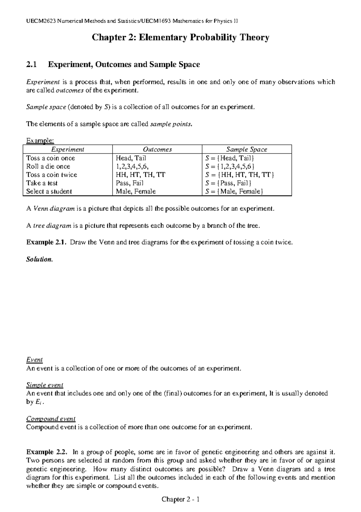 SChapter 2 - Msths - Chapter 2: Elementary Probability Theory 2 Experiment, Outcomes and Sample ...