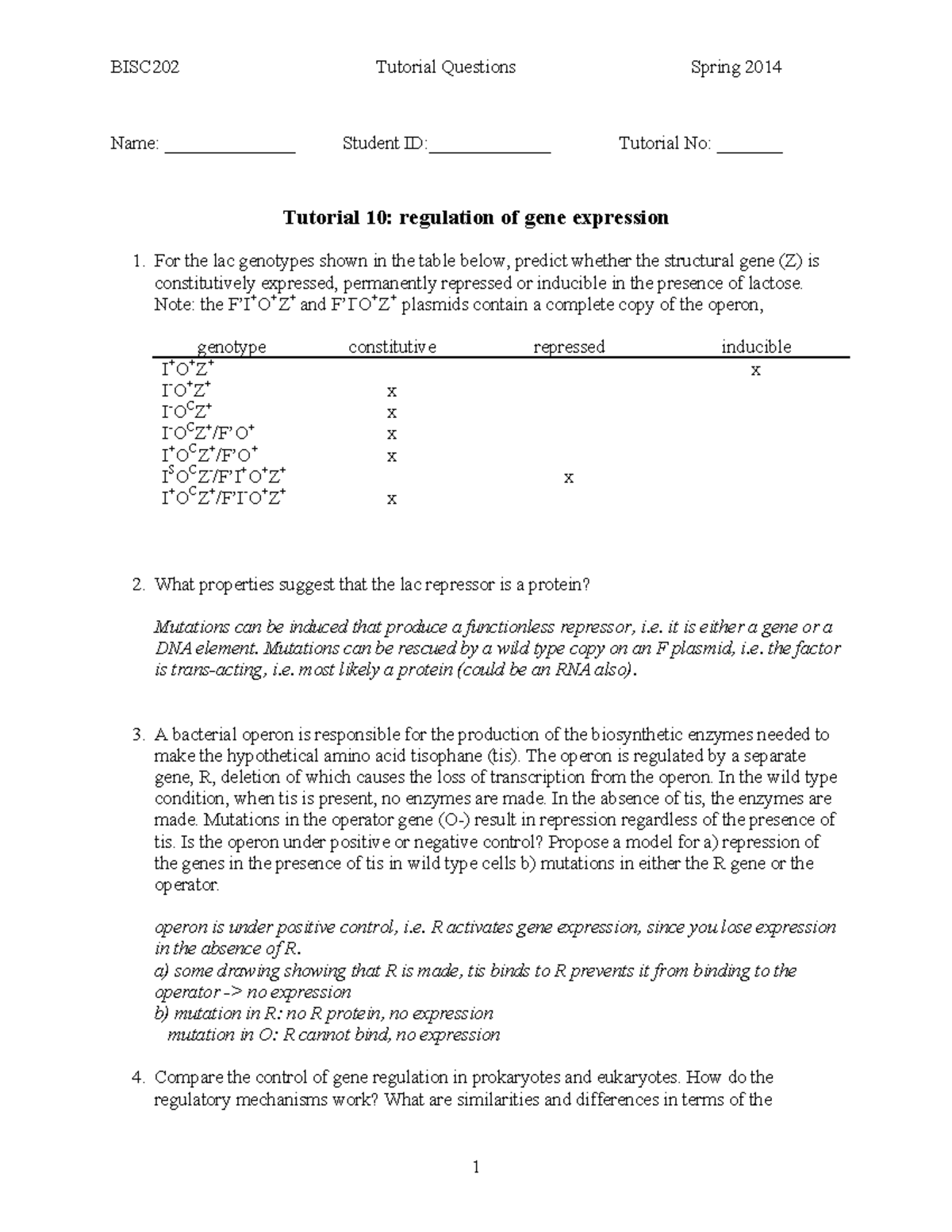 Quiz 10 2014, questions and answers - BISC202 Tutorial Questions Name ...