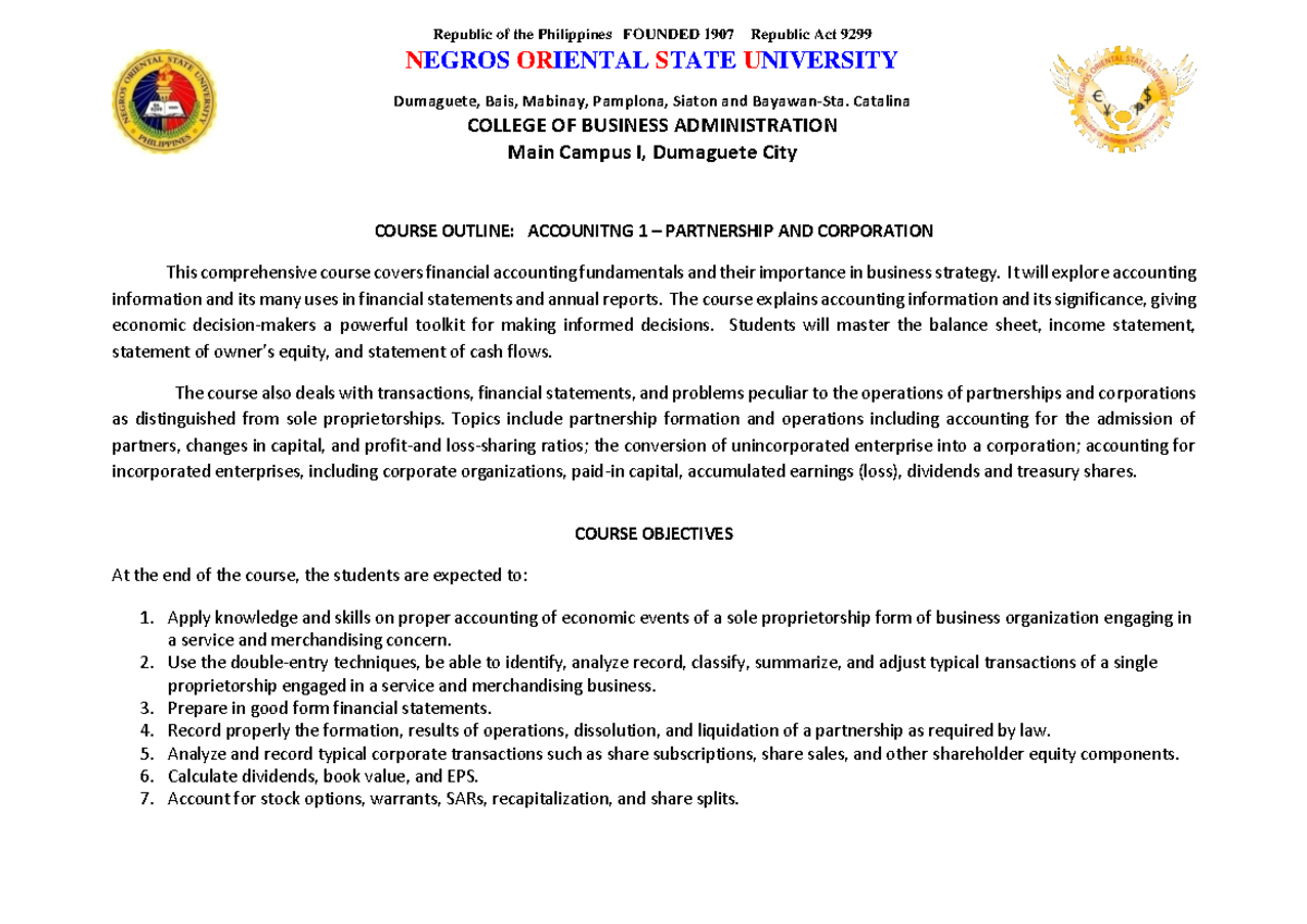 Course Outline - Acctg 101 - NEGROS ORIENTAL STATE UNIVERSITY Dumaguete ...