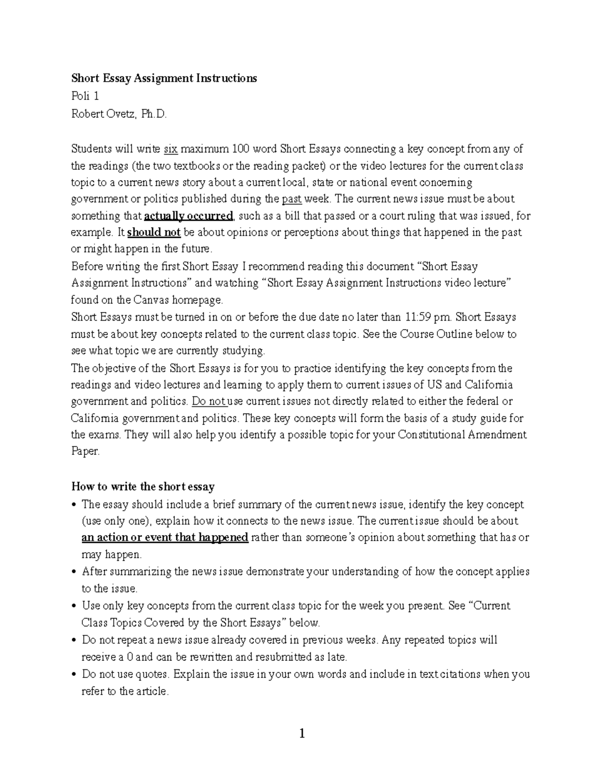 Short Essay Assignment Instructions - Students will write six maximum ...