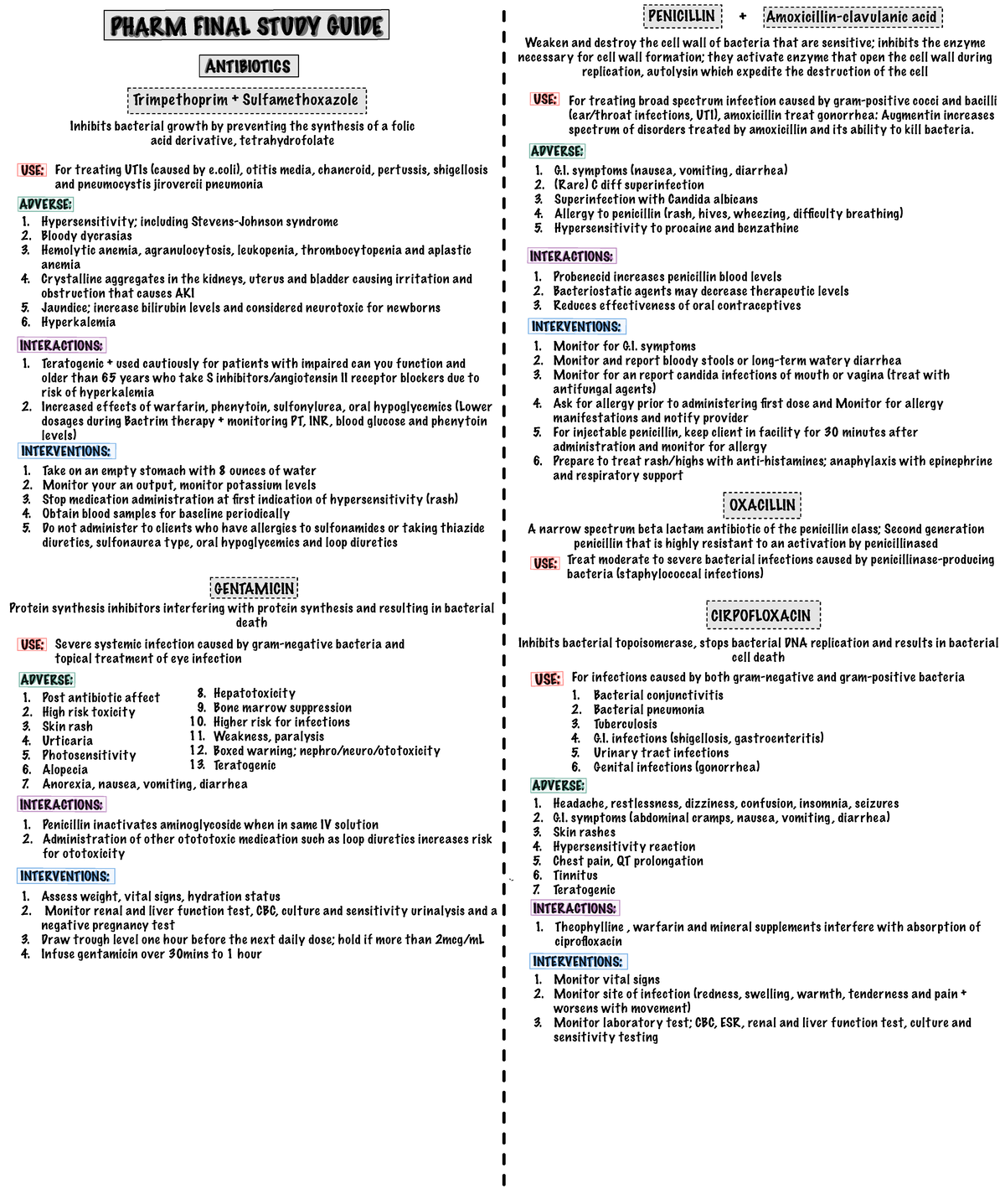 Pharm Final - cool - PHARM FINAL STUDY GUIDE ####### Trimpethoprim + Sulfamethoxazole ...