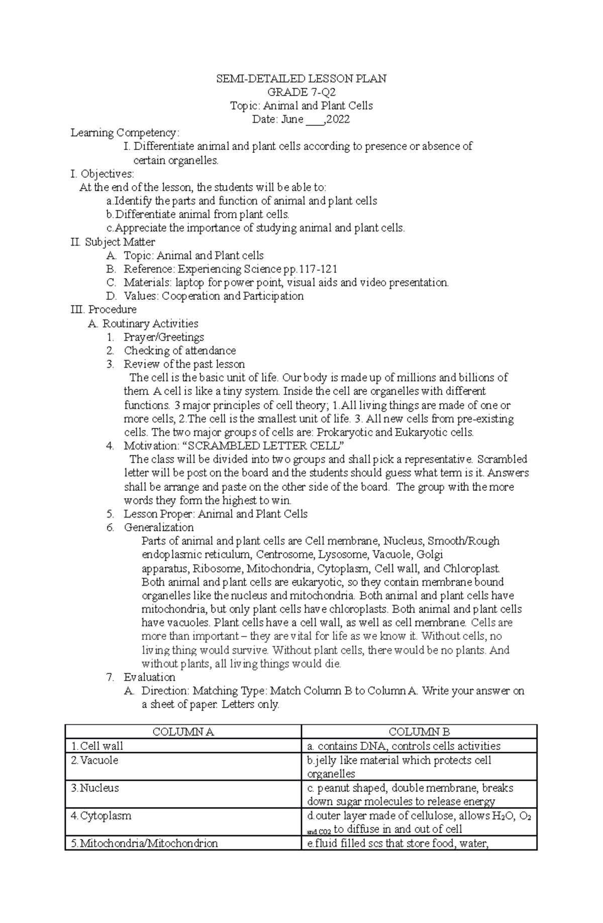St Jude Lesson Plan - SEMI-DETAILED LESSON PLAN GRADE 7-Q Topic: Animal ...
