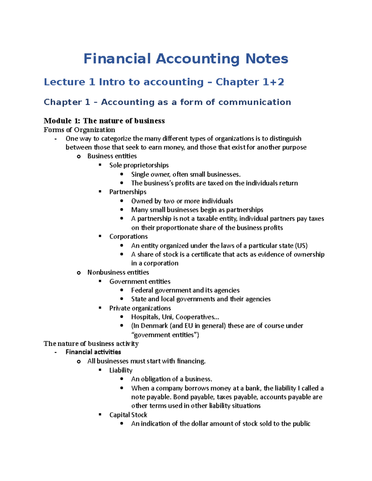 Financial Accounting Notes - Financial Accounting Notes Lecture 1 Intro ...