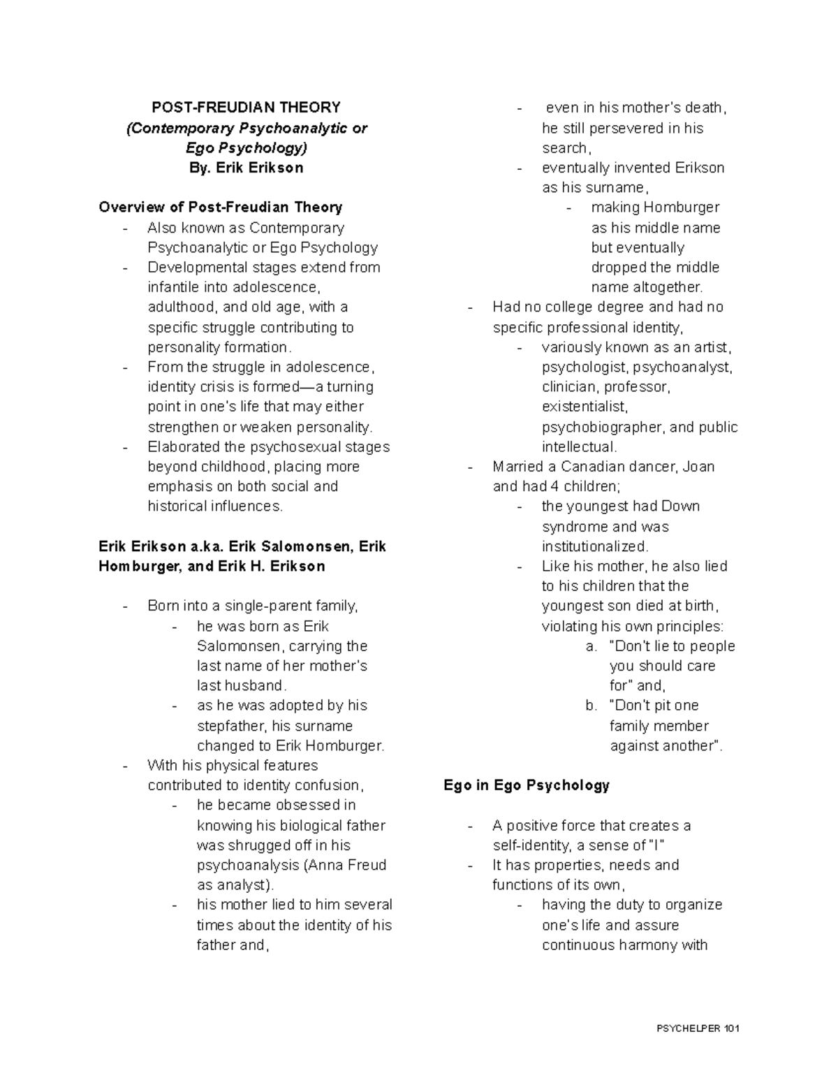 E. Erikson - Reviewers for Theories of Personality. - POST-FREUDIAN ...