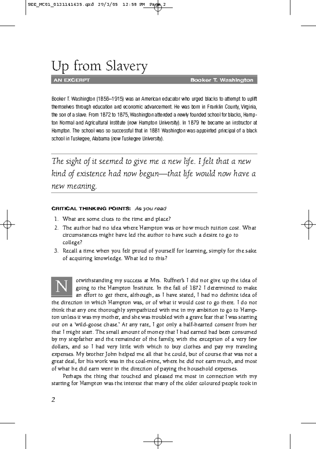 Up from Slavery 1 - 2 Up from Slavery AN EXCERPT Booker T. Washington ...