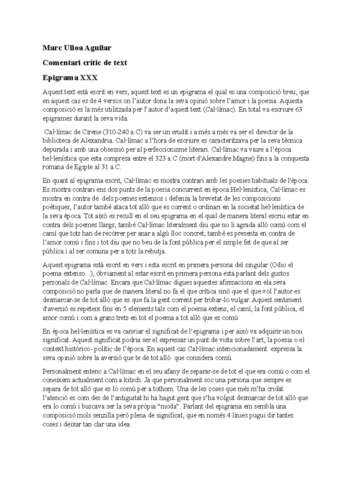 Comentari Cal·límac - Marc Ulloa Aguilar Comentari crític de text ...