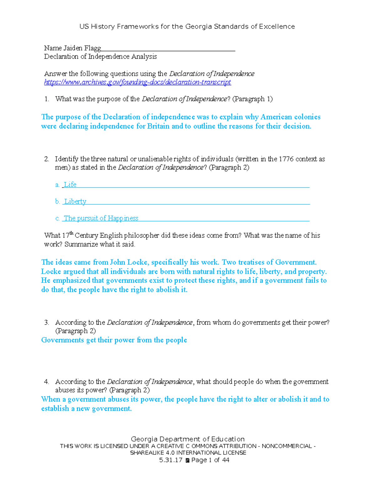Declaration of Independence Analysis copy - US History Frameworks for ...