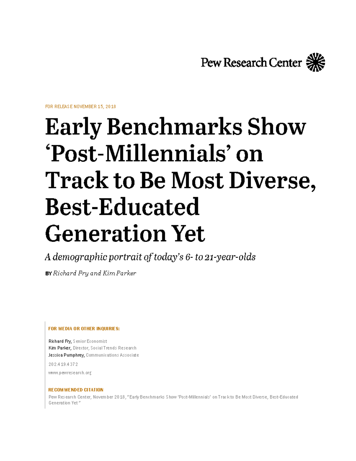 Pew Research Post Millennials 11 13 18 - FOR RELEASE NOVEMBER 15, 2018 ...