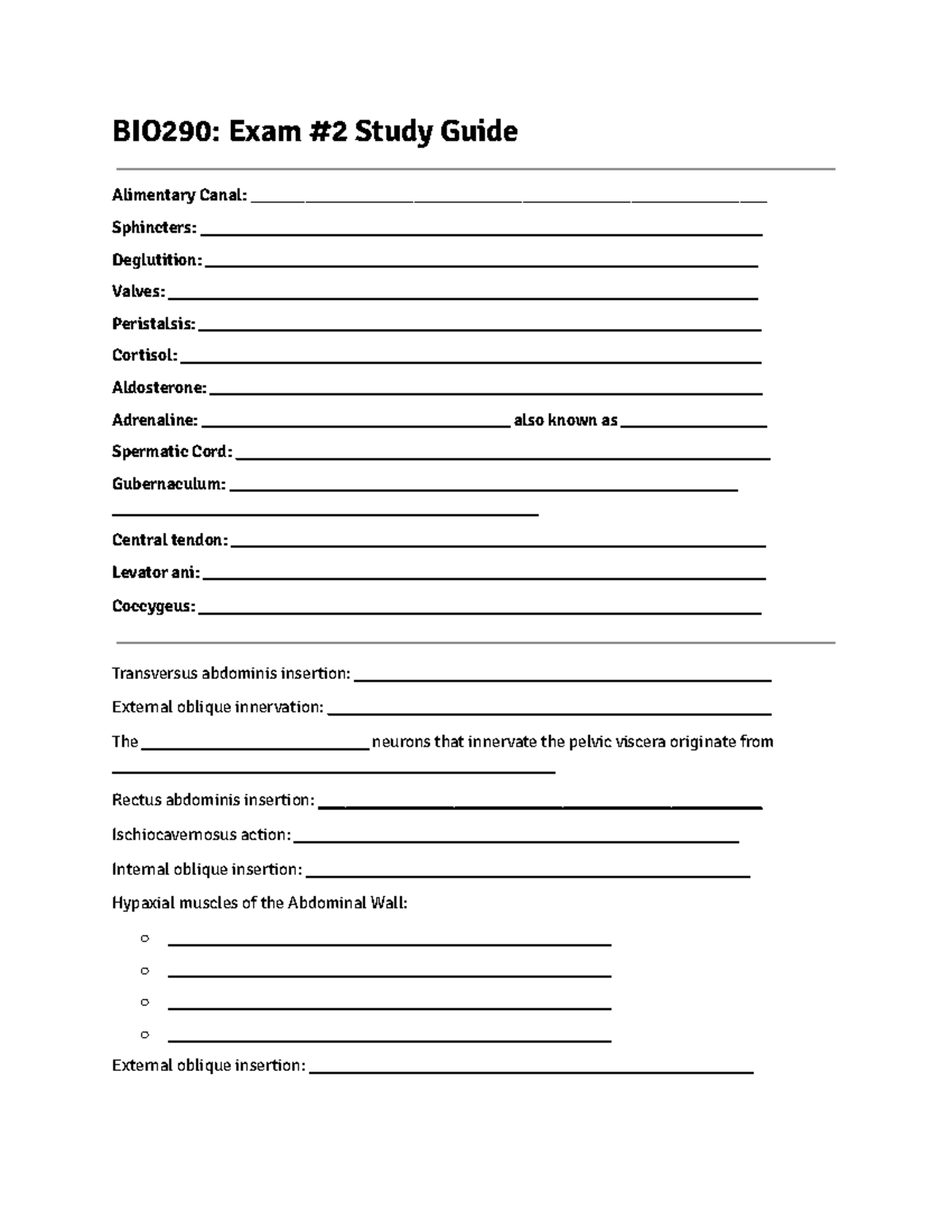 BIO290 Exam #2 Study Guide - BIO290: Exam #2 Study Guide Alimentary ...