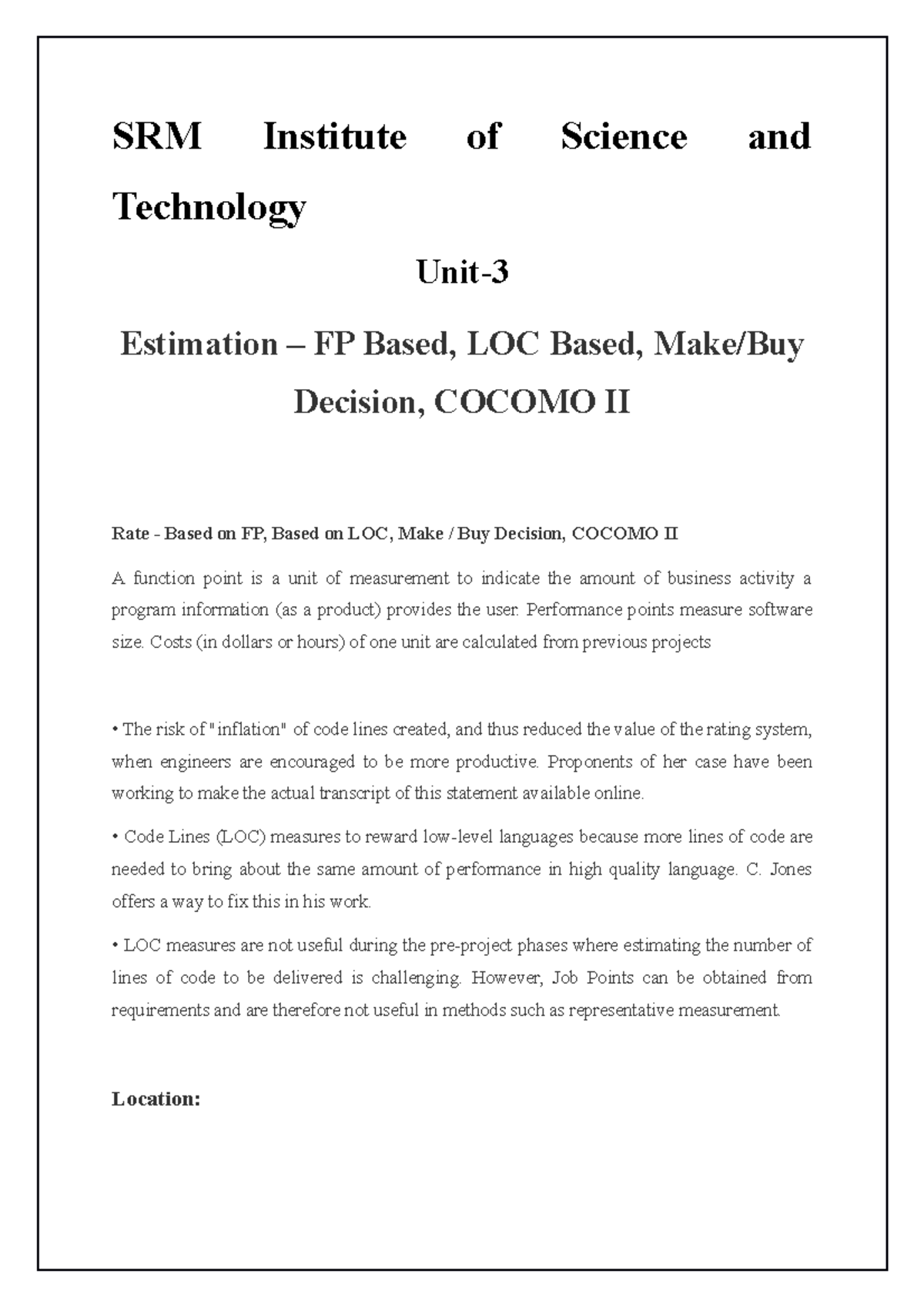 FP Based, LOC Based, Cocomo II - SRM Institute of Science and ...