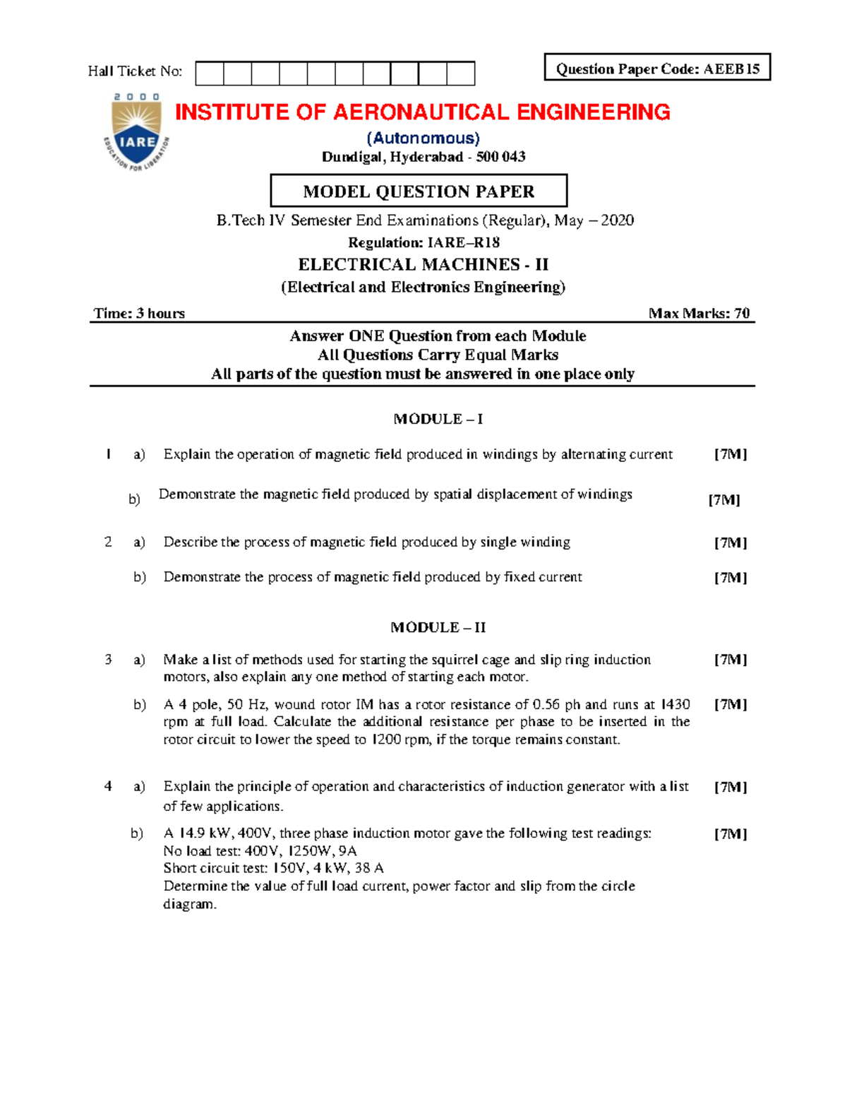 EM II Model Question Paper 1 - MODEL QUESTION PAPER Hall Ticket No ...
