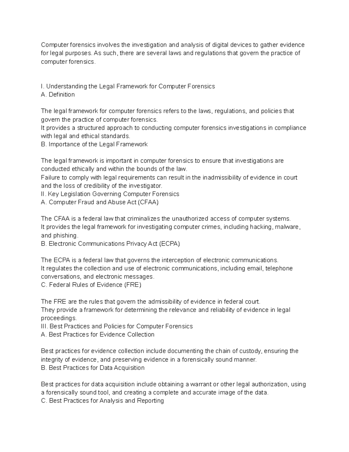 Laws and Regulations Governing Computer Forensics Notes - Computer ...