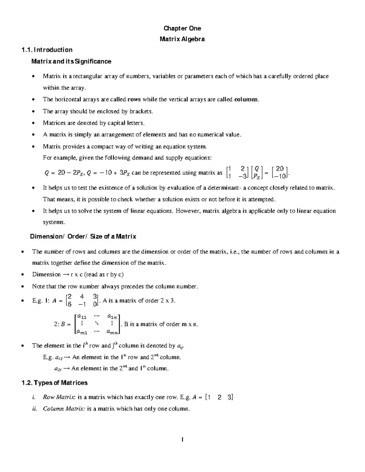 Linear Algebra Lecture Note - Chapter One Matrix Algebra Introduction ...