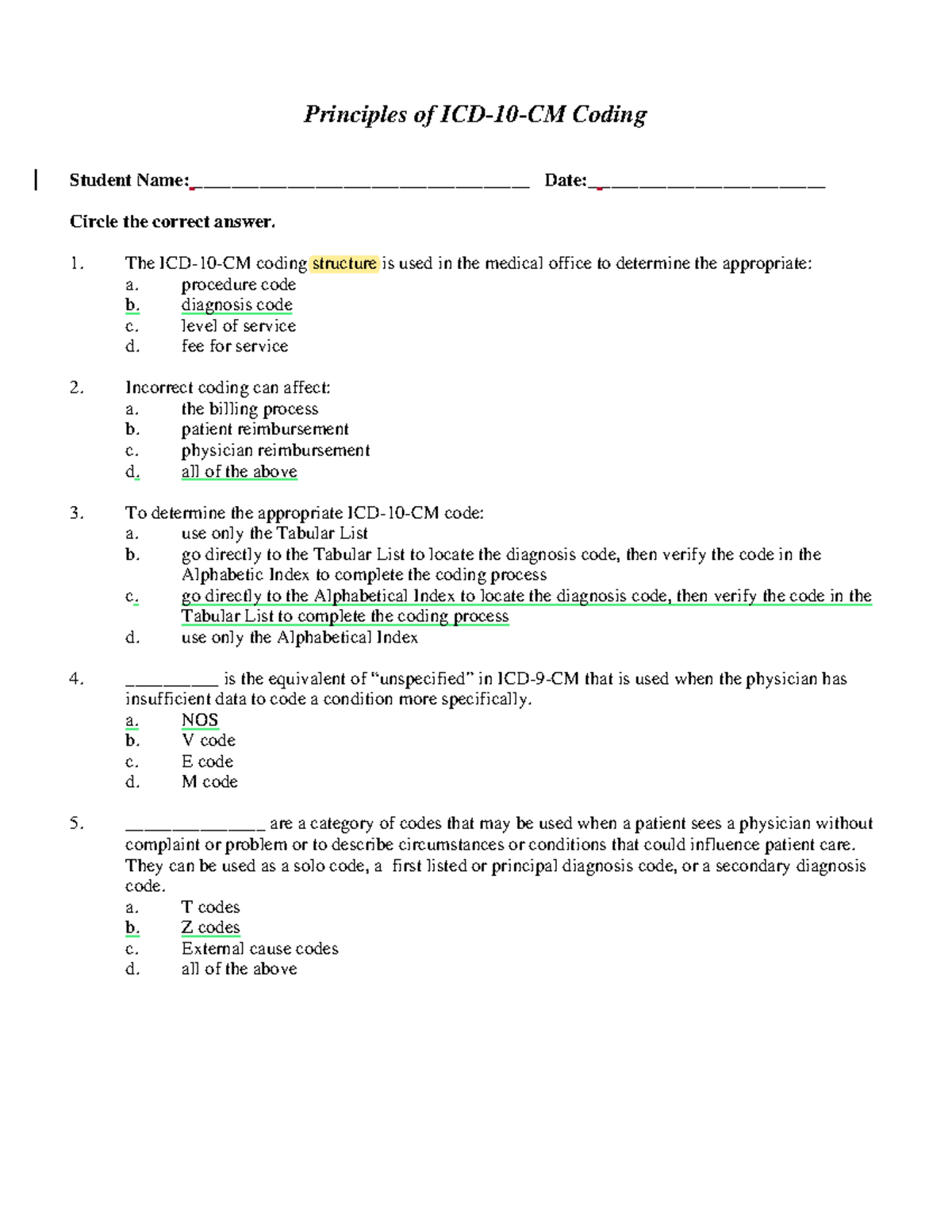 ICD 10 CM Practice Principles Of ICD 10 CM Coding Student Name Studocu