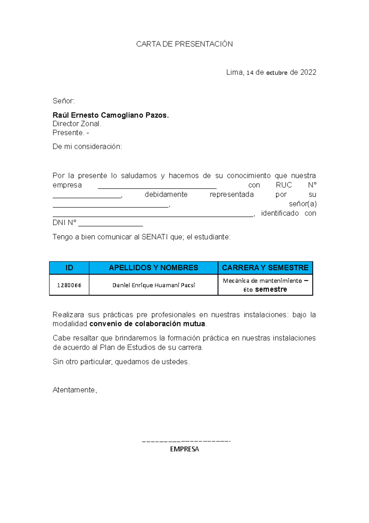 hjhjg - CARTA DE PRESENTACIÓN Lima, 14 de octubre de 2022 Señor: Raúl ...