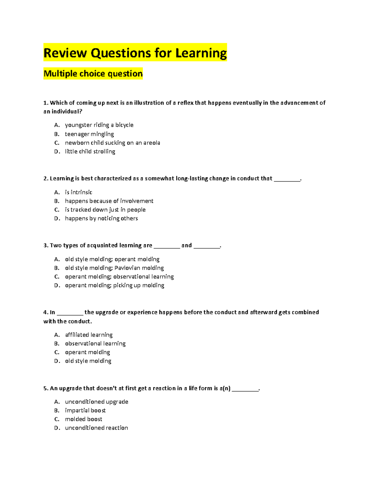 Review Questions for Learning - Review Questions for Learning Multiple ...