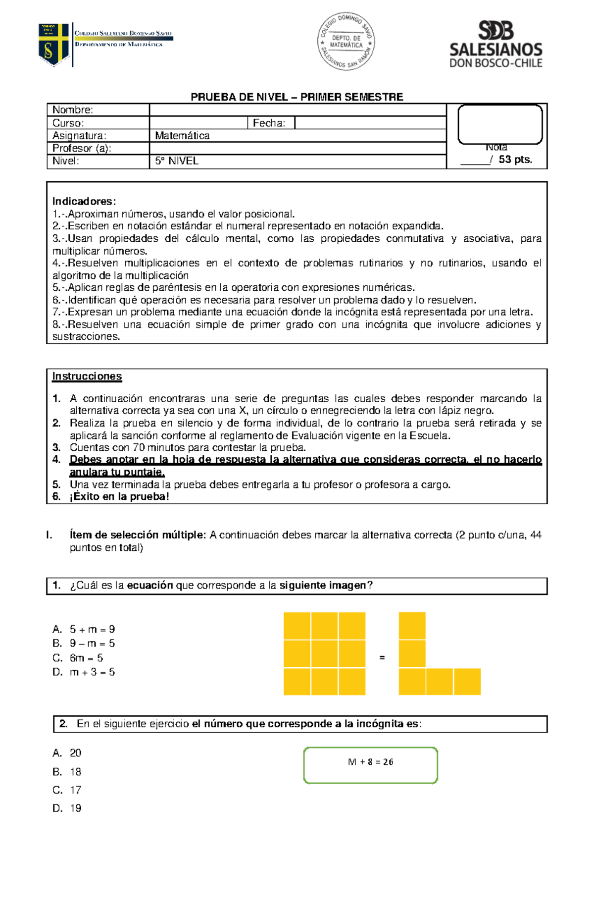 Examen 15 Mayo 2019, preguntas y respuestas - PRUEBA DE NIVEL – PRIMER SEMESTRE Nombre: Curso ...