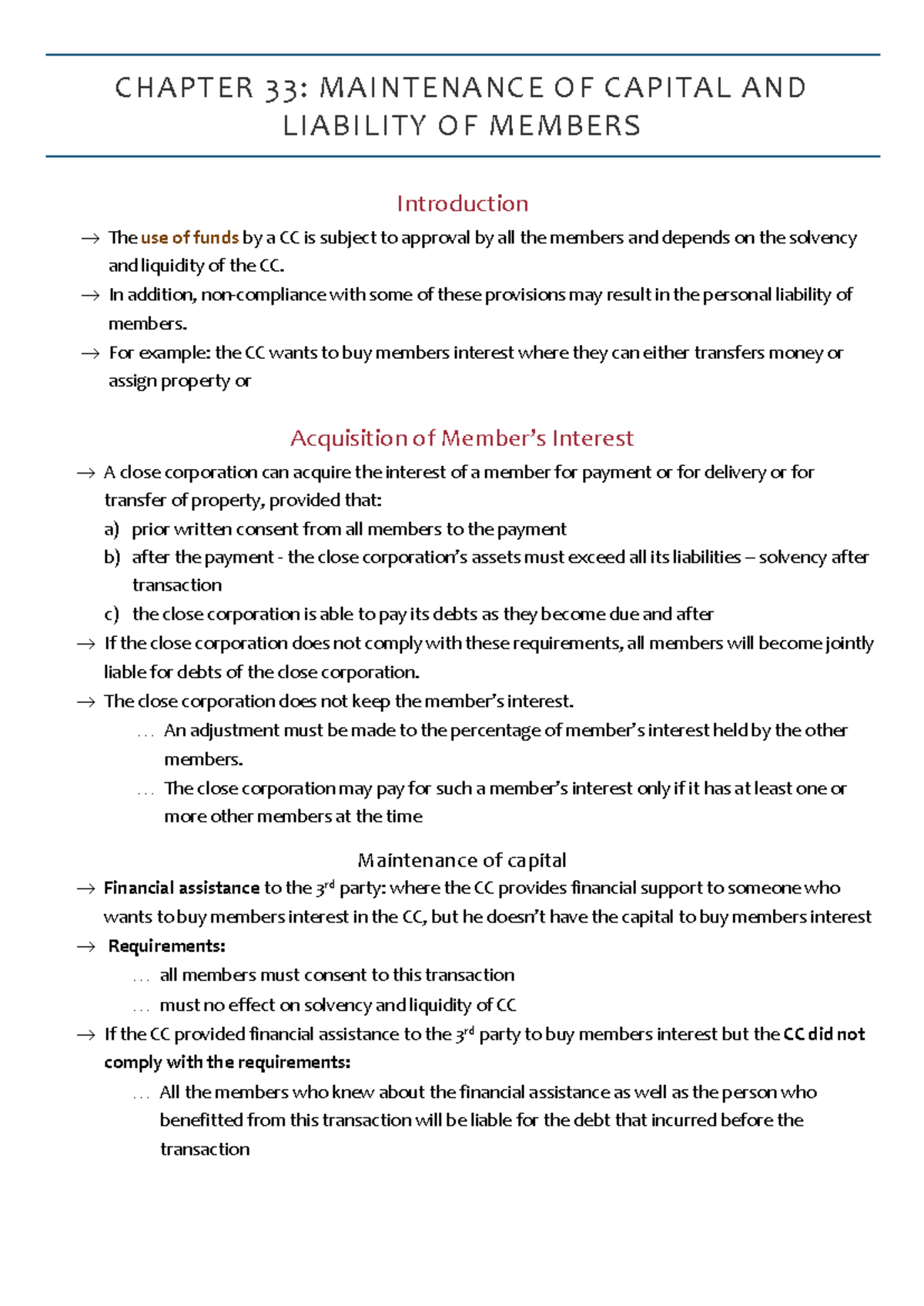 BER 220 Chapter 33 Summary - C H A P T E R 3 3 : M A I N T E N A N C E O F C A P I T A L A N D L ...