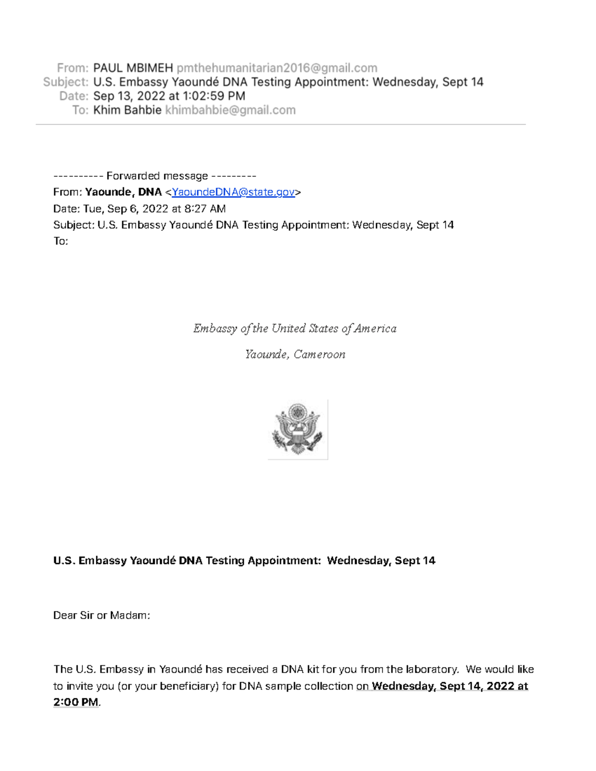 U.S. Embassy Yaoundé DNA Testing Appointment Wednesday, Sept 14 ...