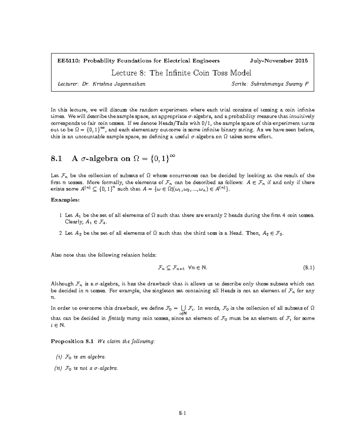 Lecture 8 Infinite Coin Toss - EE5110: Probability Foundations for Electrical Engineers - Studocu