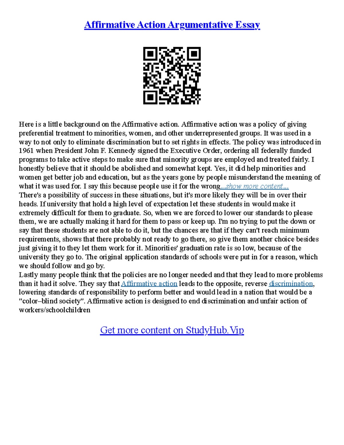 Argumentive Essay - Affirmative Action Argumentative Essay Here is a ...