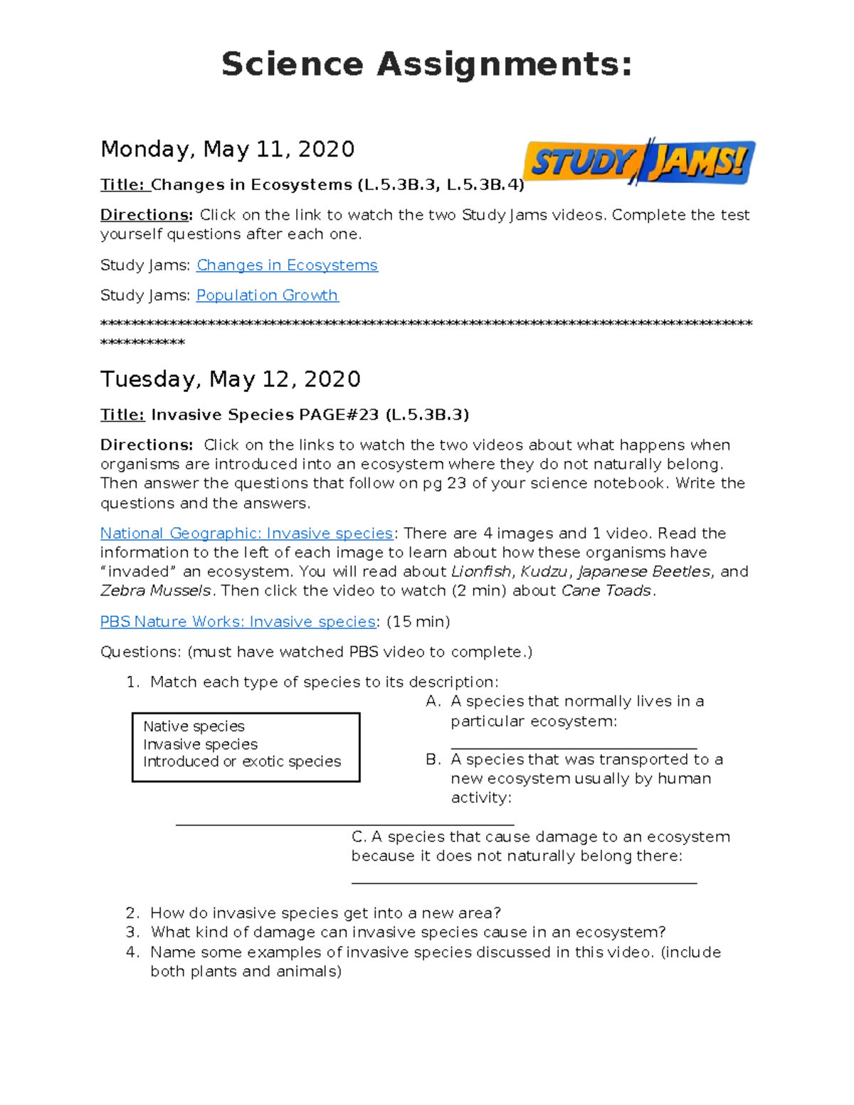 Science Week 8 Changes in Ecosytems - Science Assignments: Monday, May ...