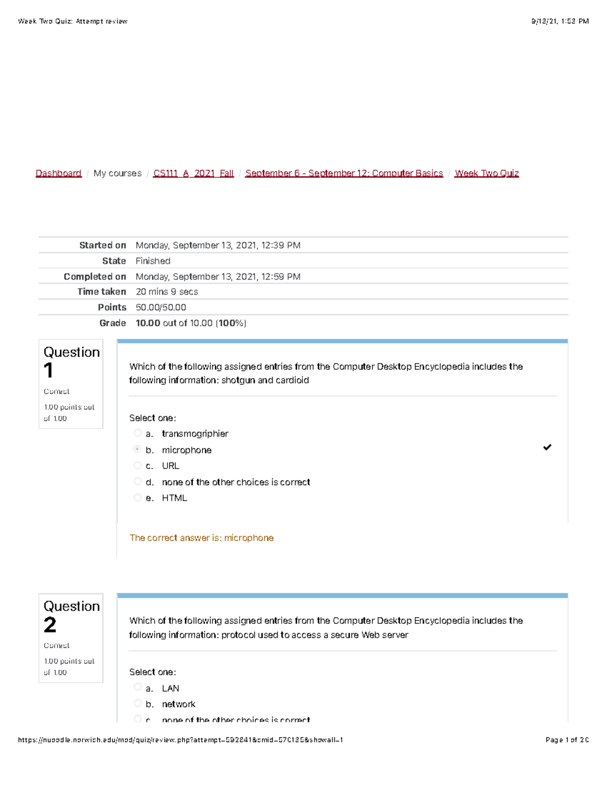 Week Two Quiz: CS111 - Work - Question 1 Correct 1 points out of 1 ...