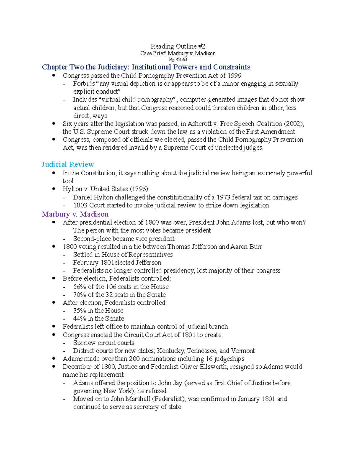 Reading Outline #2 - Constitutional Law textbook, pages 43 to 63 ...