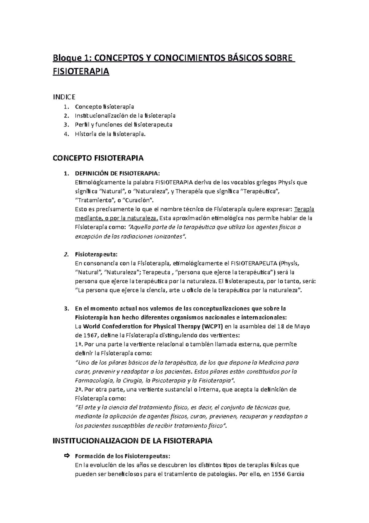 Fundamentos Bloque UNO - Bloque 1: CONCEPTOS Y CONOCIMIENTOS BÁSICOS SOBRE FISIOTERAPIA INDICE ...