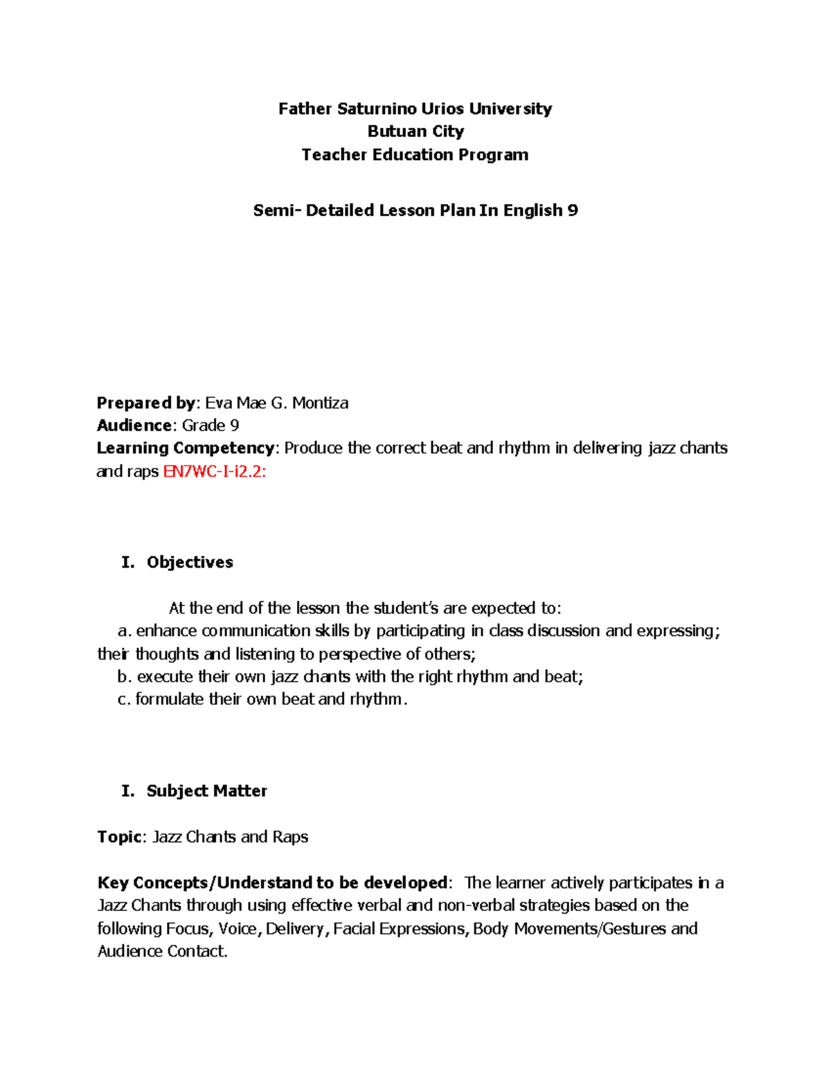 Semi detailed Lesson Plan - Father Saturnino Urios University Butuan ...