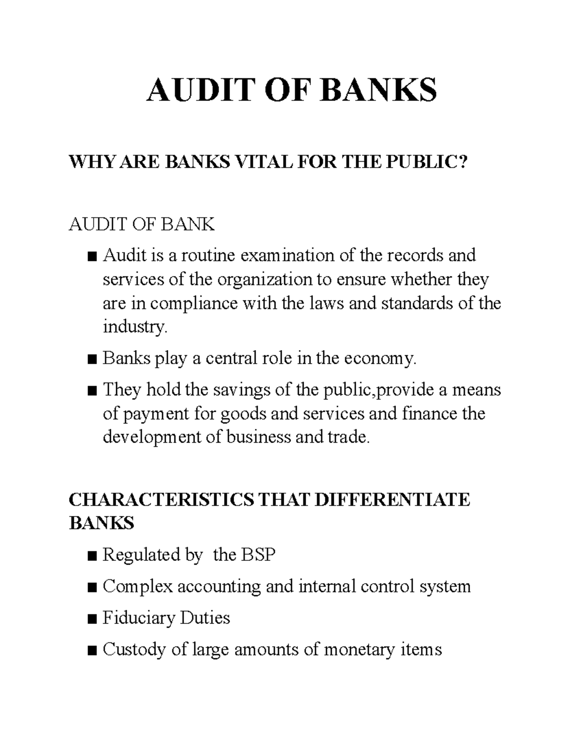 Audit of Banks - Lecture Notes - AUDIT OF BANKS WHY ARE BANKS VITAL FOR ...