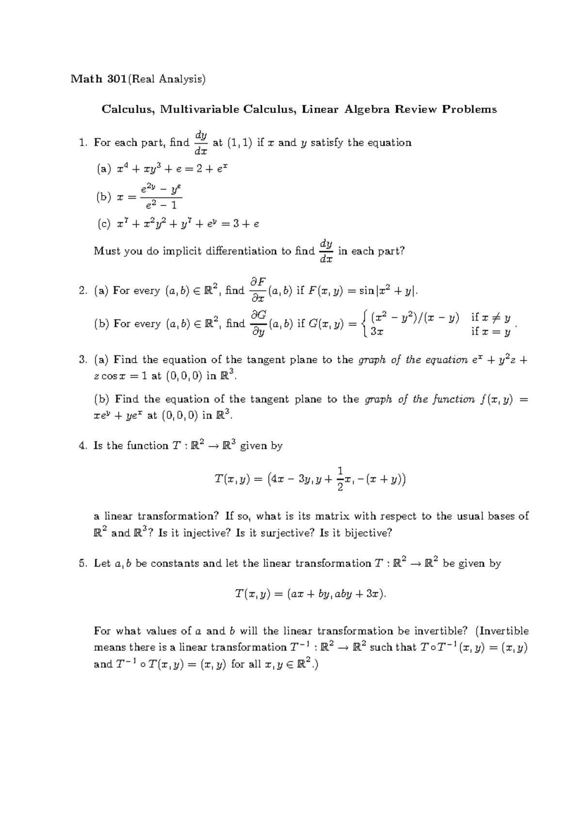 301 Review Ex - Dr. Kin-Yin LI - Math 301(Real Analysis) Calculus ...