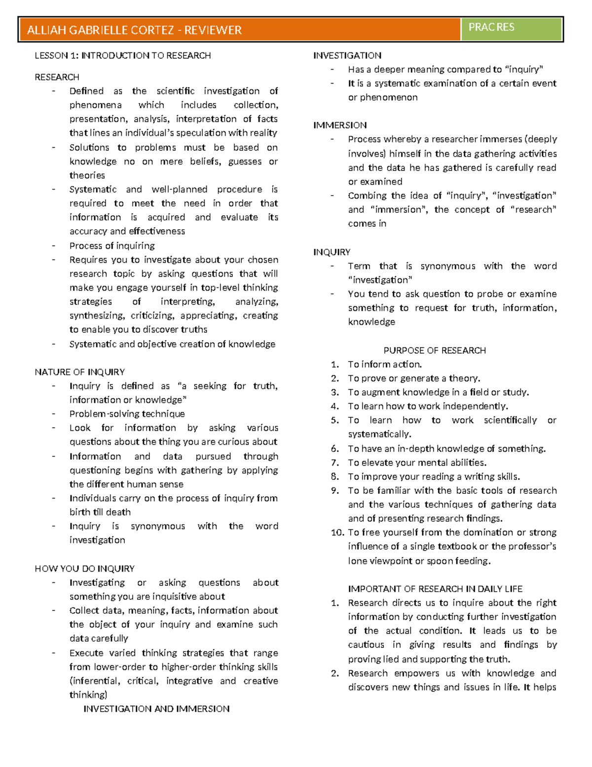 PRAC-RES - LESSON 1: INTRODUCTION TO RESEARCH RESEARCH Defined as the ...