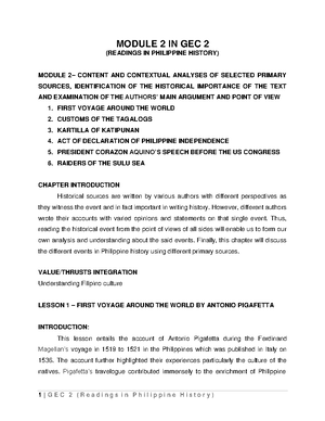 Module 2 IN GEC 2 - READINGS IN PHILIPPINE HISTORY - MODULE 2 IN GEC 2 (READINGS IN PHILIPPINE ...