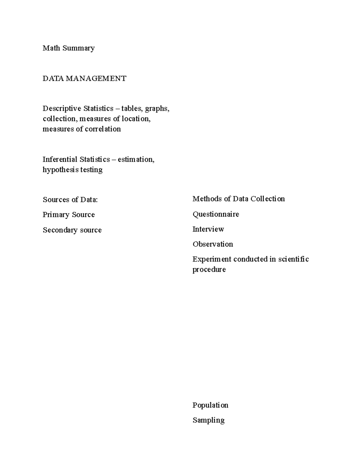 Math Summary - nice - Math Summary DATA MANAGEMENT Descriptive ...
