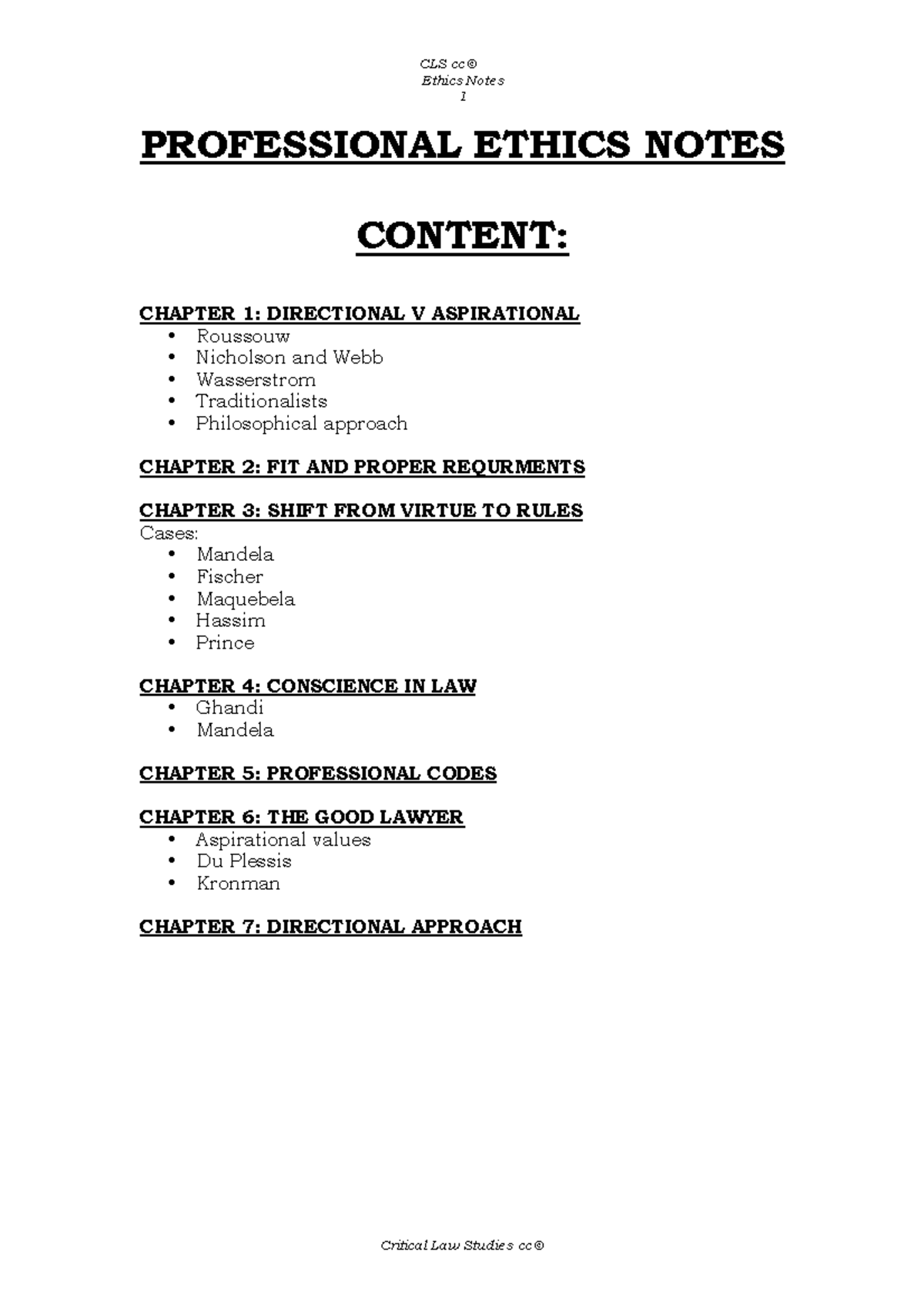 Ethics 4 Notes Final - Ethics Notes 1 PROFESSIONAL ETHICS NOTES CONTENT ...