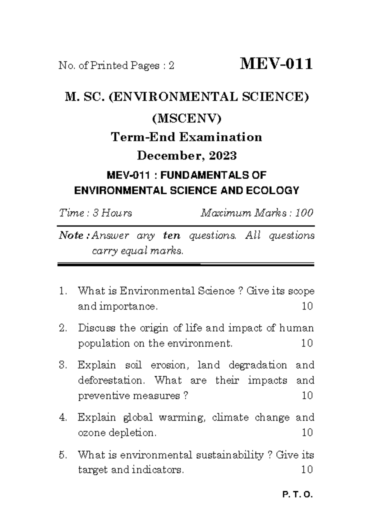 MEV-011 - P. T. O. No. of Printed Pages : 2 MEV- M. SC. (ENVIRONMENTAL SCIENCE) (MSCENV) Term ...