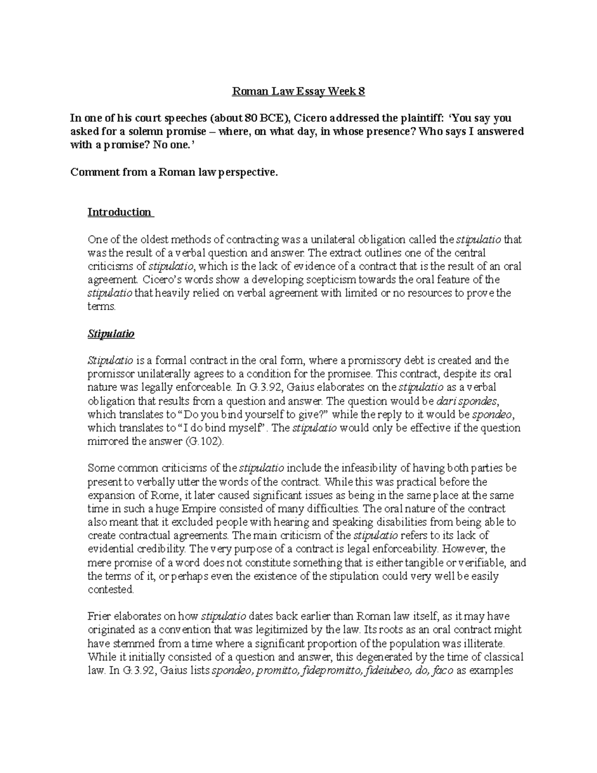 Roman Law Essay Week 8 - ’ Comment from a Roman law perspective ...