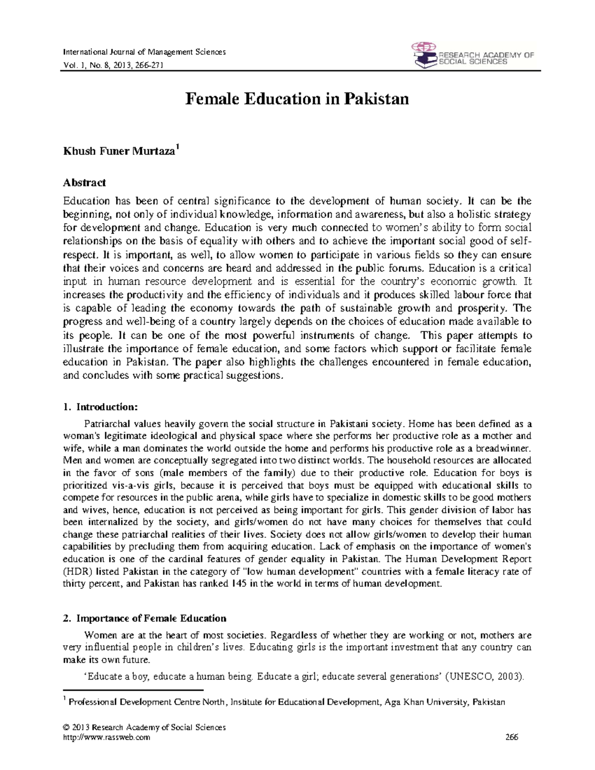 Female Education in Pakistan - © 2013 Research Academy of Social ...