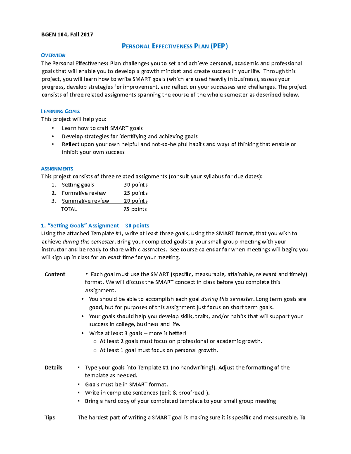 F-2017 PEP Setting and Monitoring Goals - BGEN 104, Fall 2017 PERSONAL ...